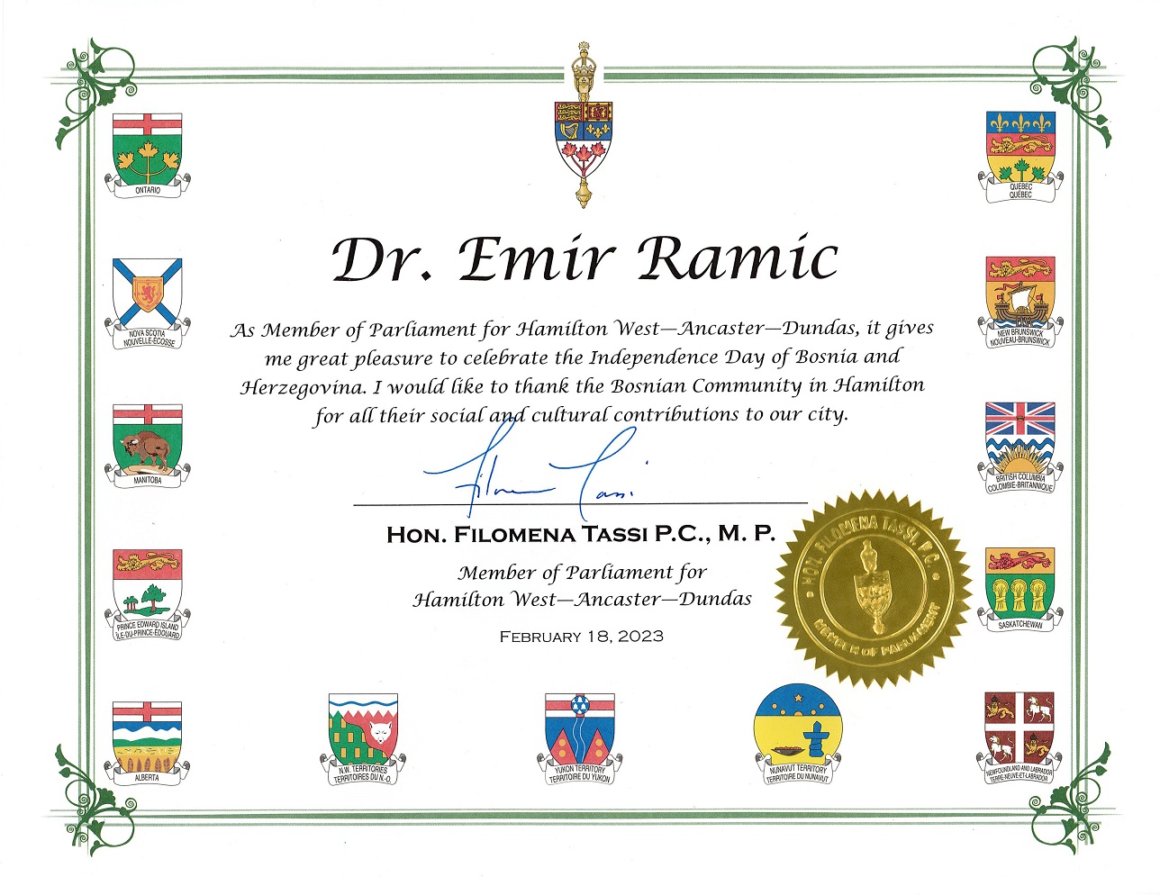 PRIZNANJE VLADE I PARLAMENTA KANADE BOSANSKOHERCEGOVAČKOJ DIJASPORI U ...